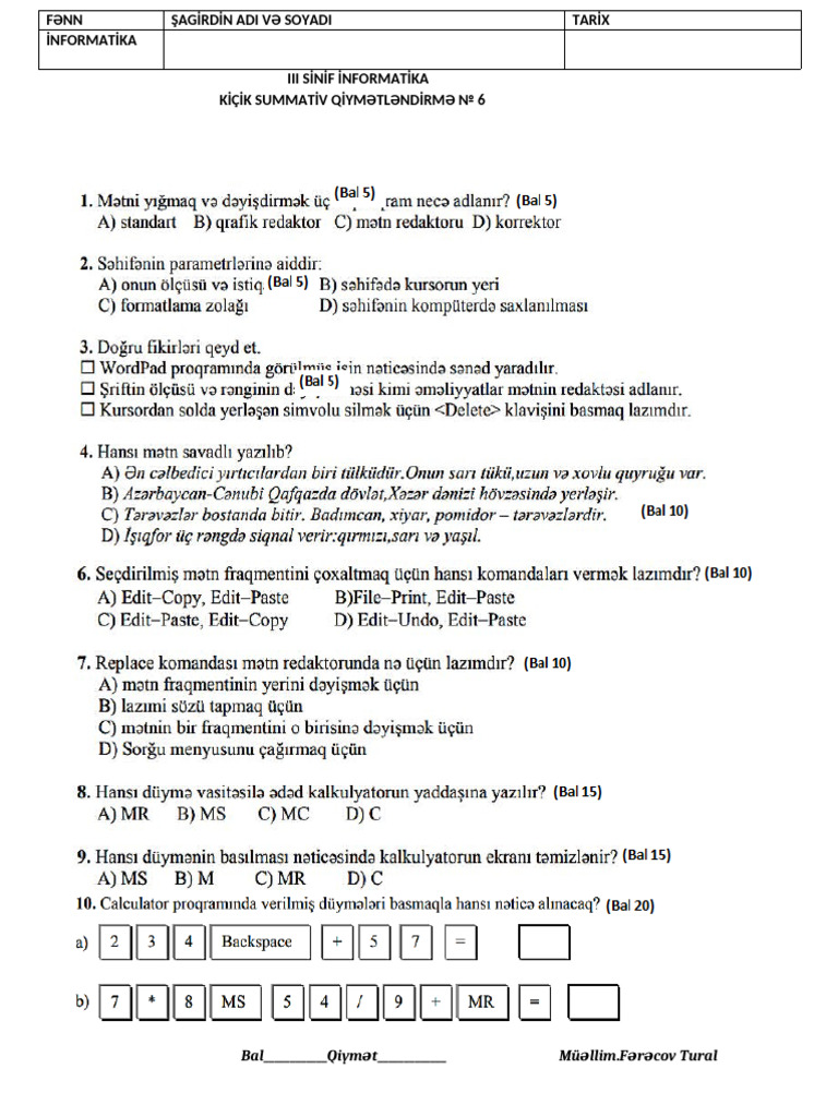 İnformatika - III Sinif. KSQ-6 | PDF