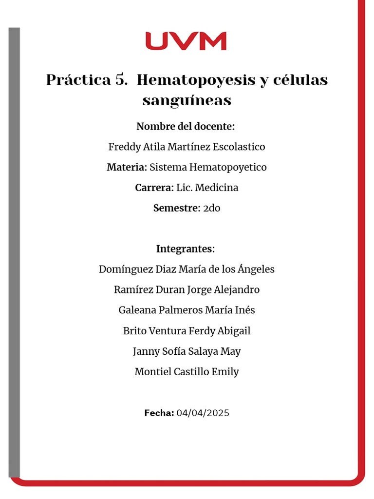 Practica #5 Hematopoyesis PDF | PDF | Hematopoyesis | Sistema inmune