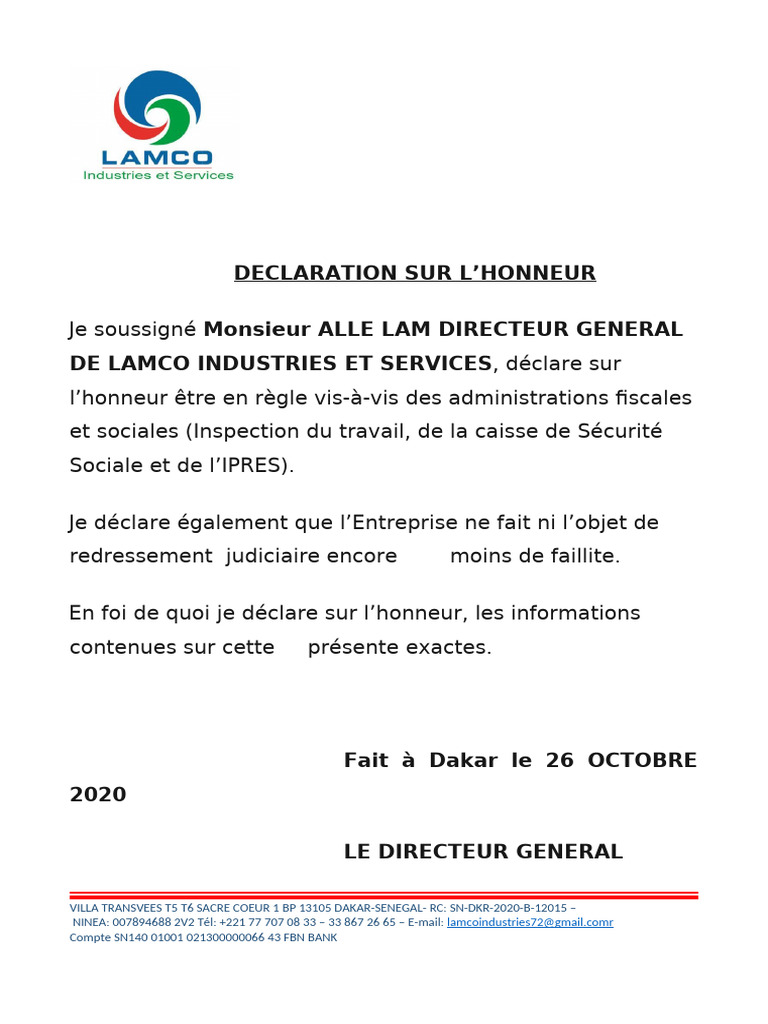 Declaration Sur L Honneur | PDF