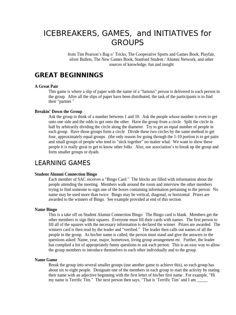 Group Icebreakers and Games Guide | PDF | Word | Advertising
