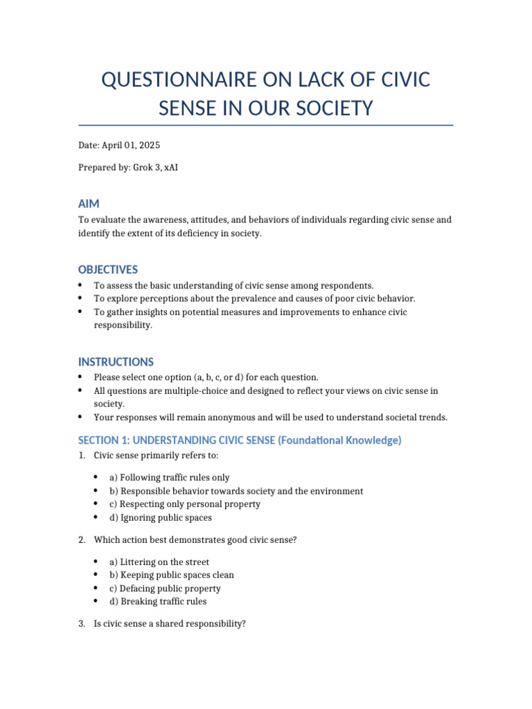 Questionnaire On Lack of Civic Sense | PDF | Cognition | Behavioural ...