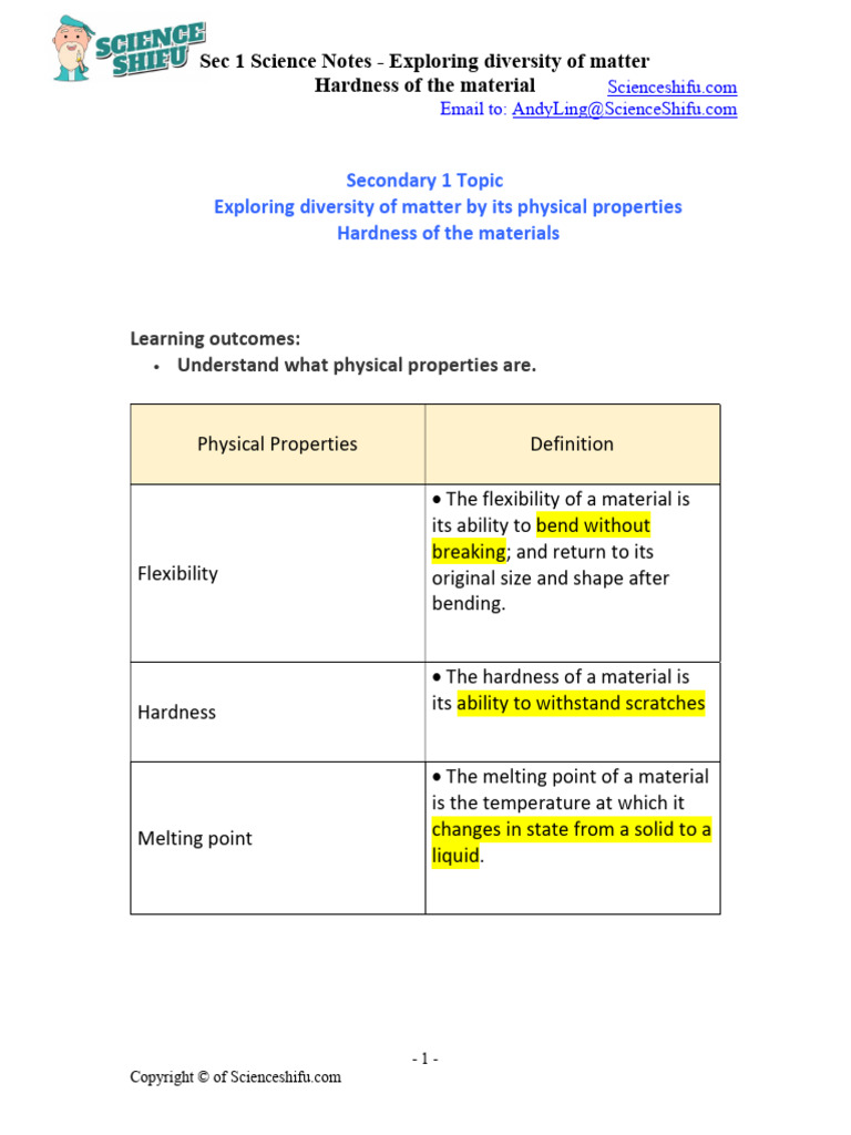 Sec 1 Science Notes - Diversity of The Matter (Hardness) | PDF ...