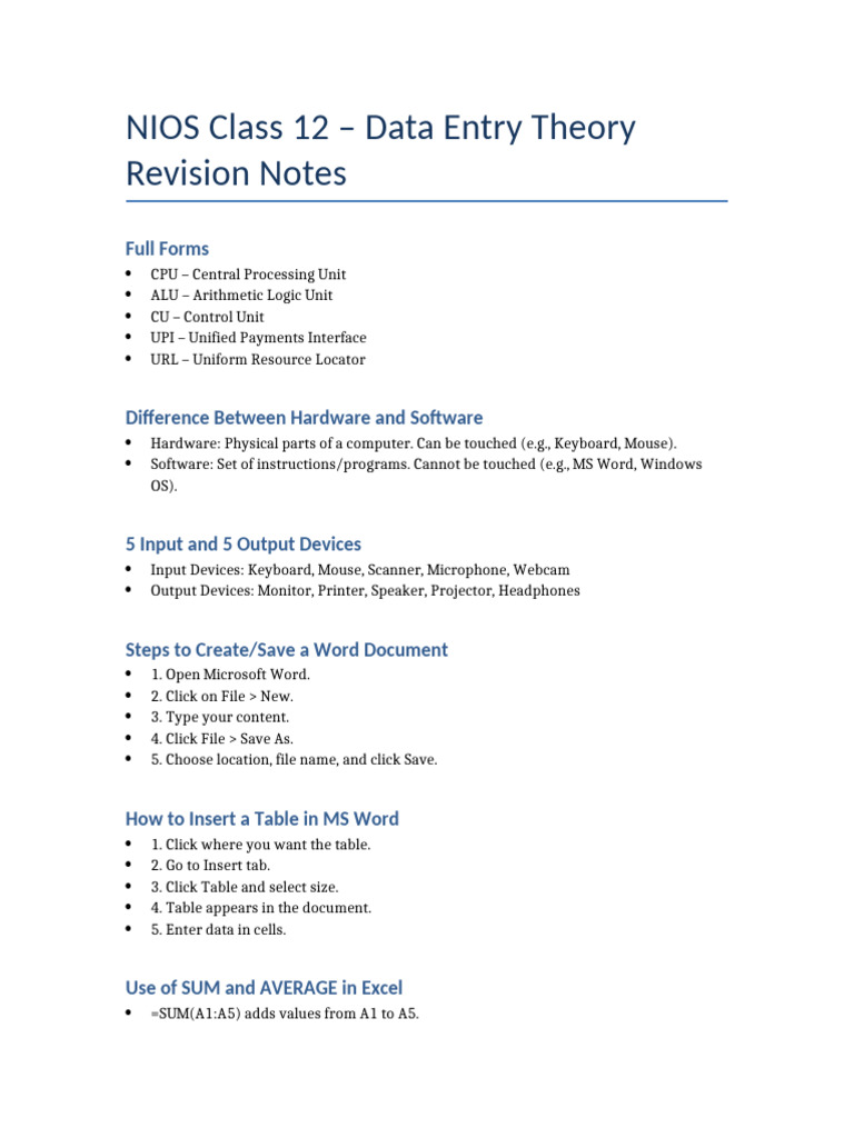 NIOS Data Entry Theory Revision | PDF