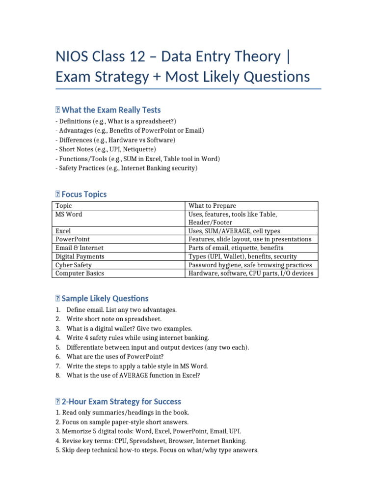 NIOS Data Entry Exam Strategy Questions | PDF