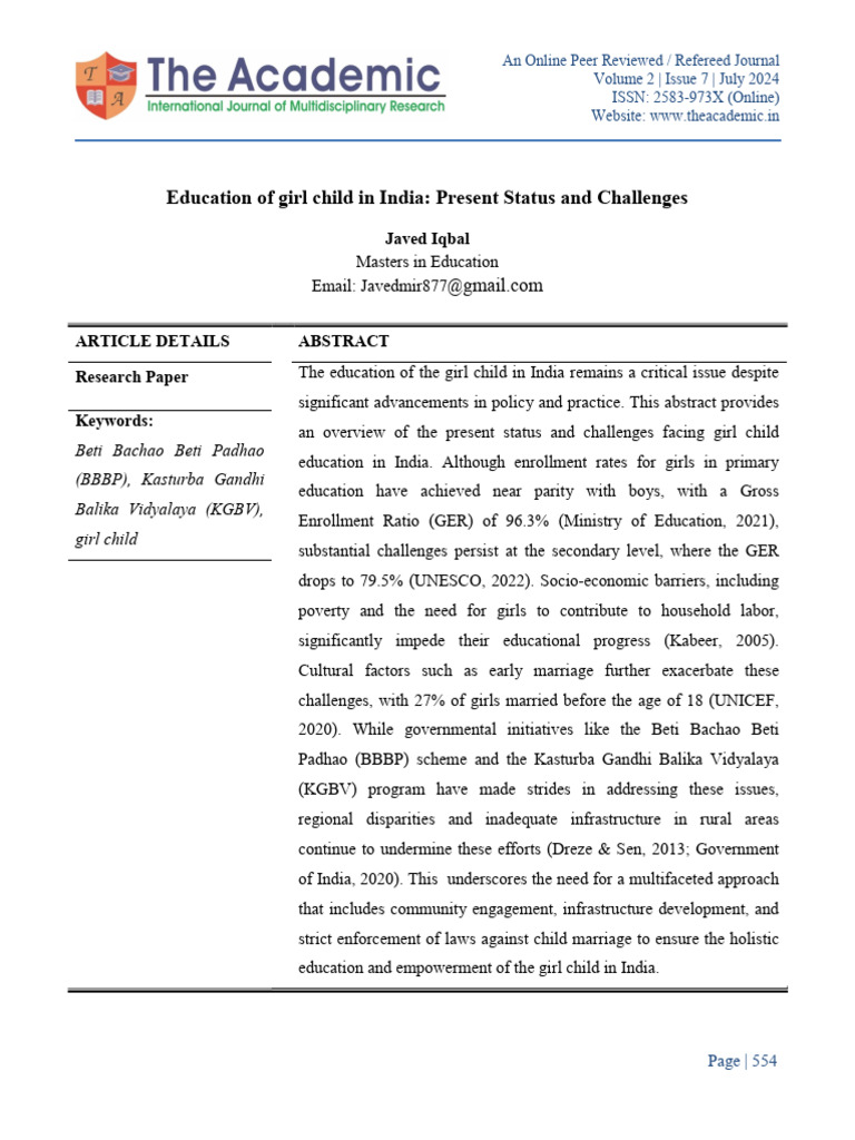 Girl Child Education in India: Status & Challenges | PDF | Female ...