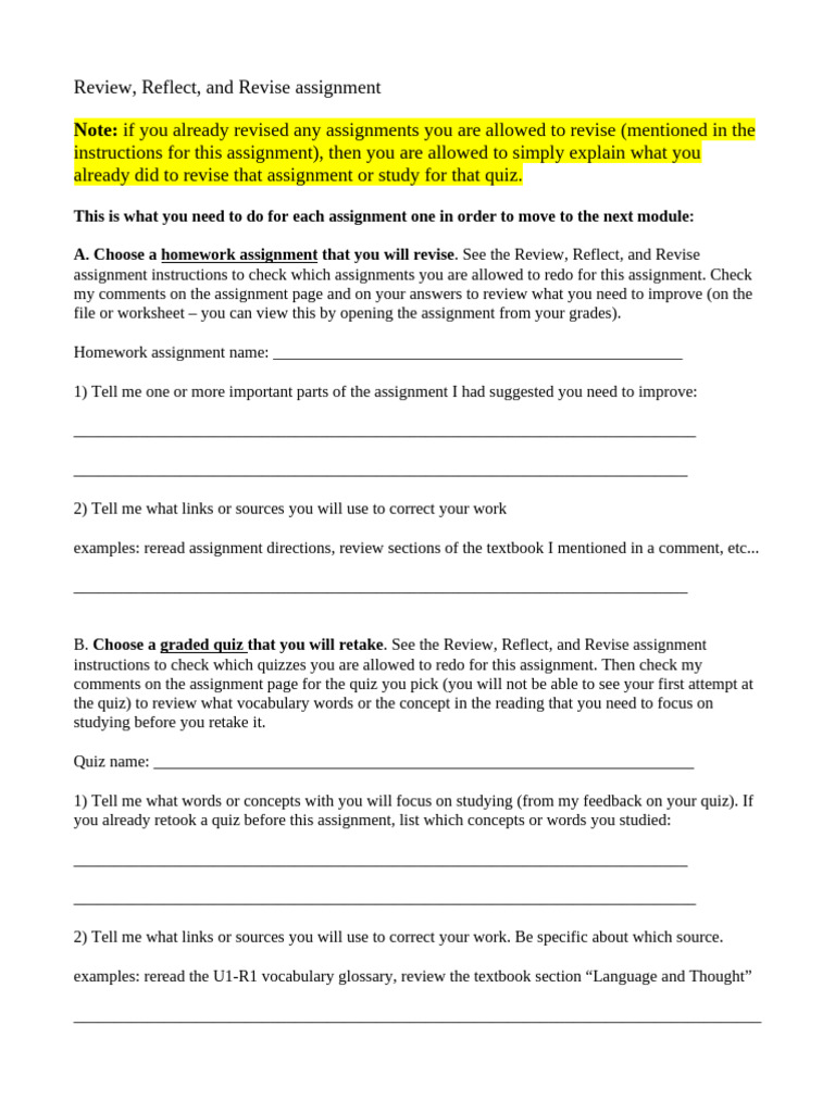 Review, Reflect and Revise Assignment (Updated) | PDF