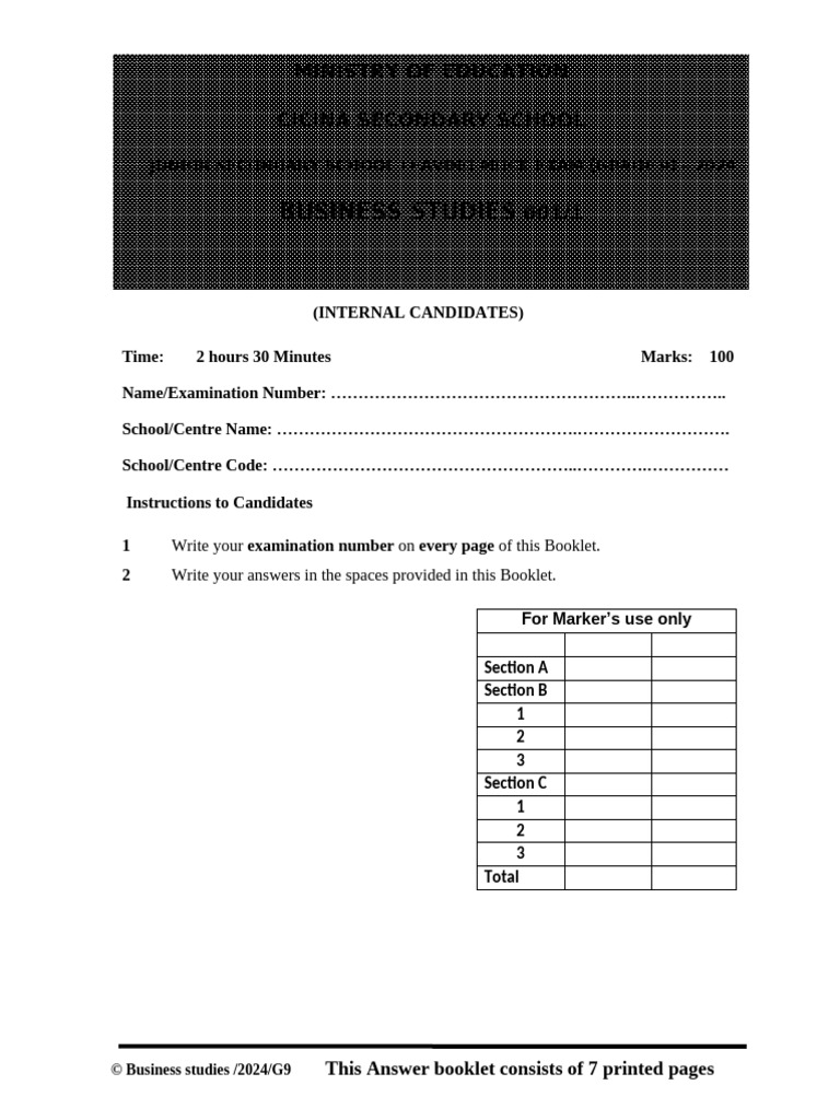 Cicina Business Studies Answer Booklet | PDF