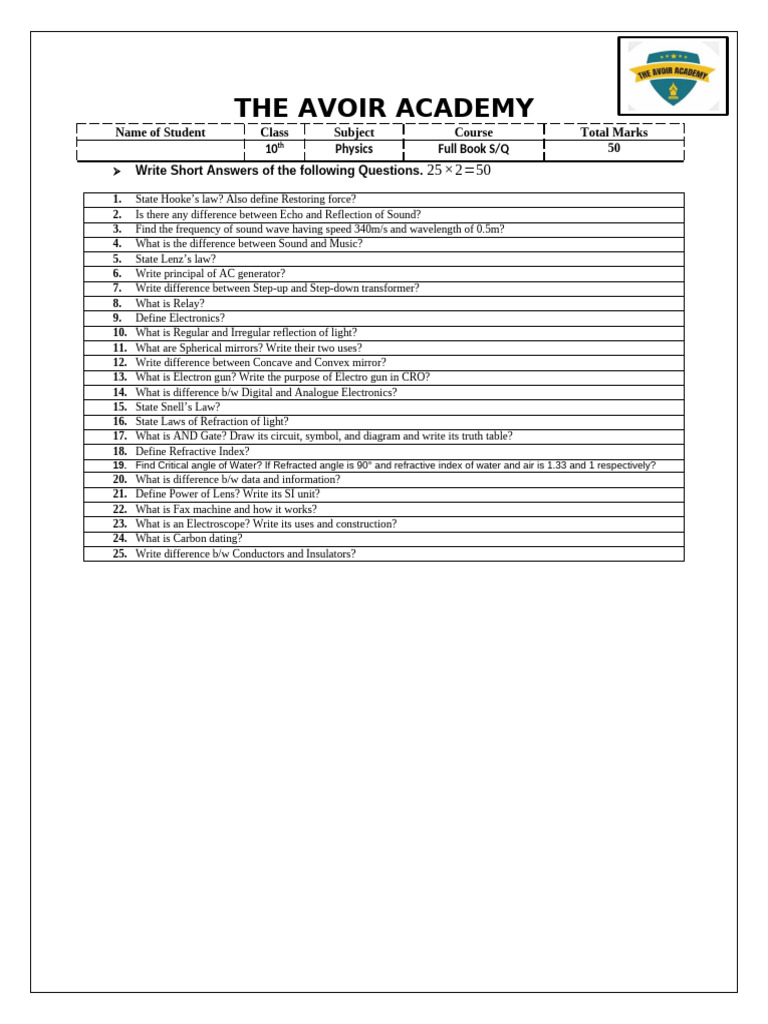 10th Grade Physics Short Answer Questions | PDF