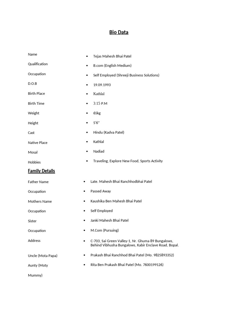 Tejas Biodata | PDF