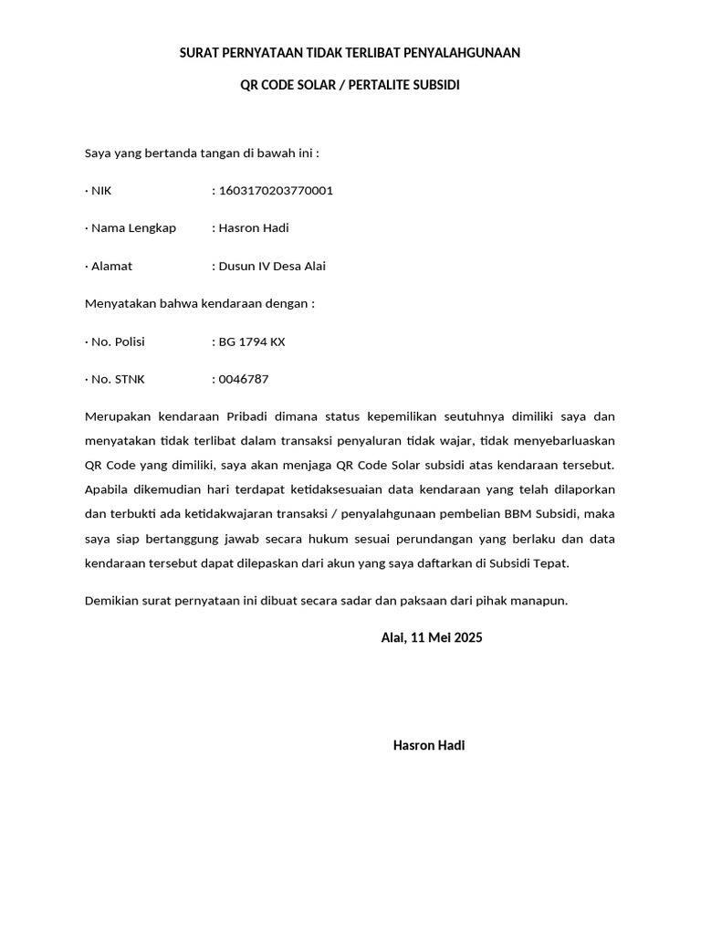 Surat Pernyataan Tidak Terlibat Penyalahgunaan QR Code Solar - Pertalite Subsidi | PDF