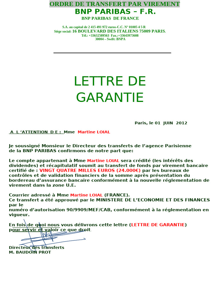 Lettre de garantie de transfert bancaire | PDF