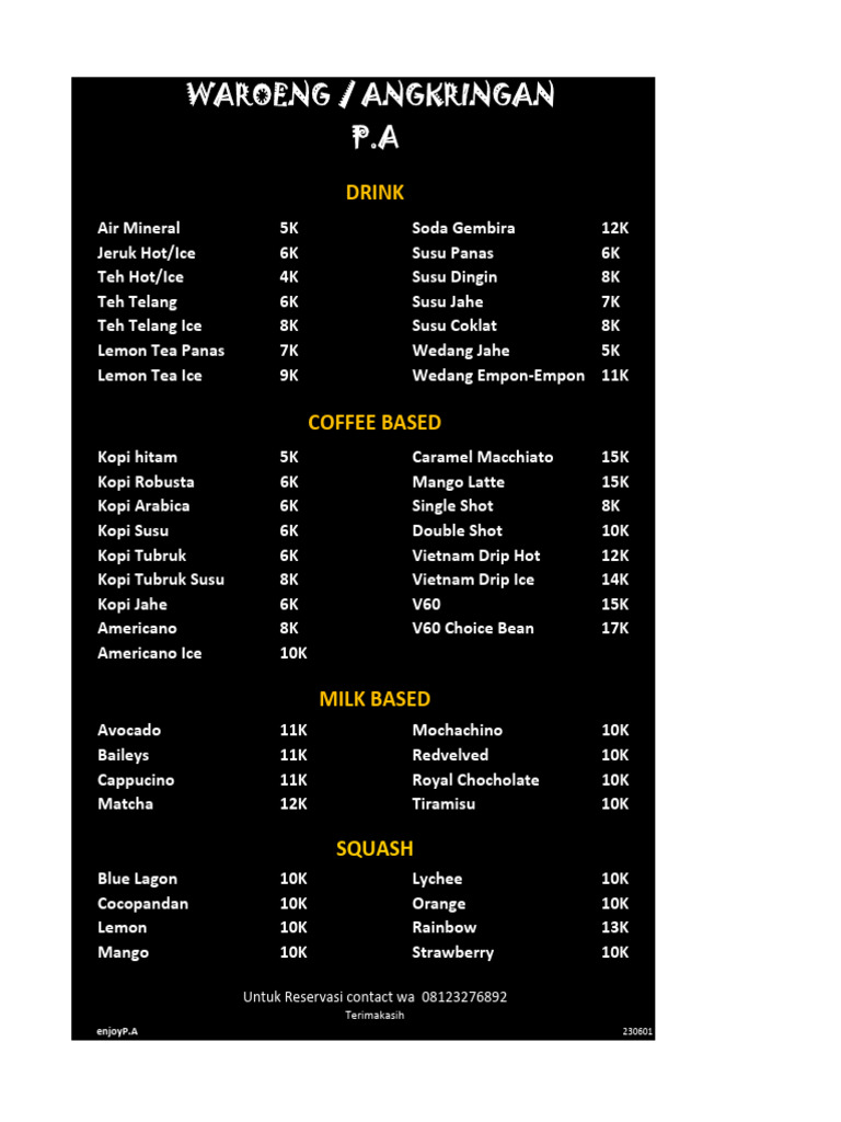 Daftar Menu Angkringan PA | PDF