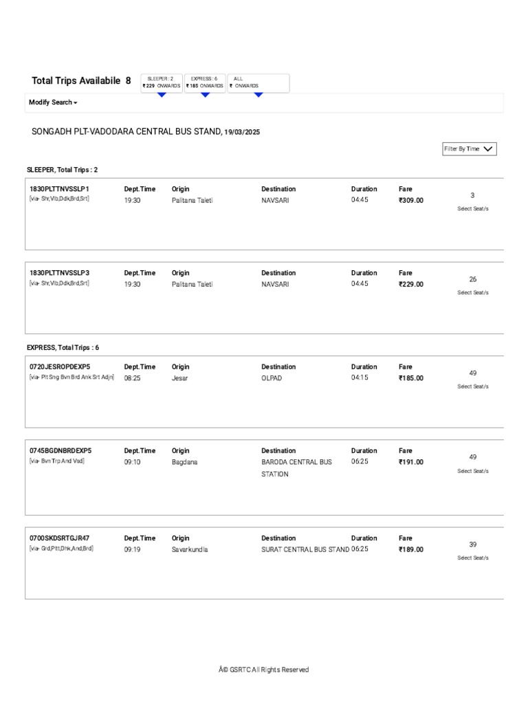 GSRTC Bus Timetable Overview | PDF