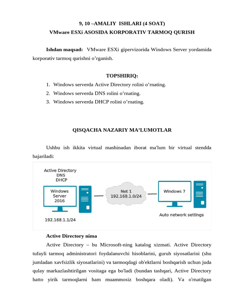 9, 10 - Amaliy Ishlari (4 Soat) Vmware Esxi Asosida Korporativ Tarmoq Qurish | PDF