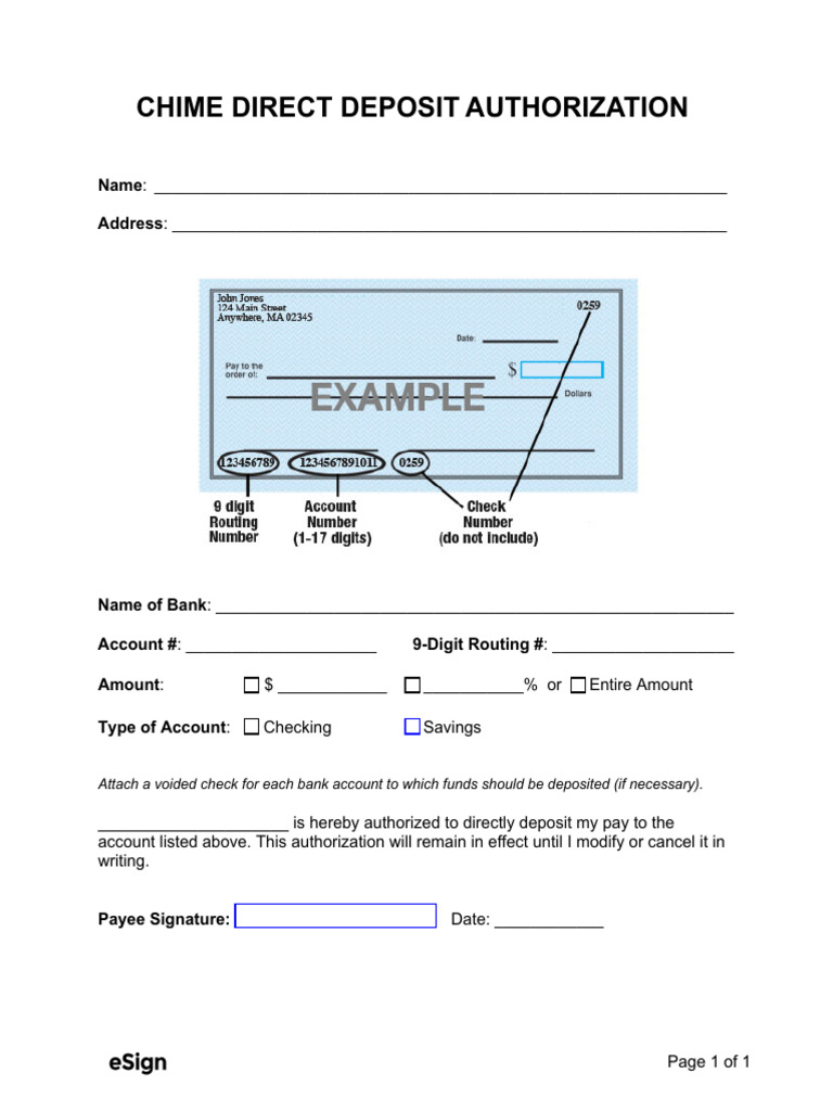 Chime Direct Deposit Authorization Form | PDF