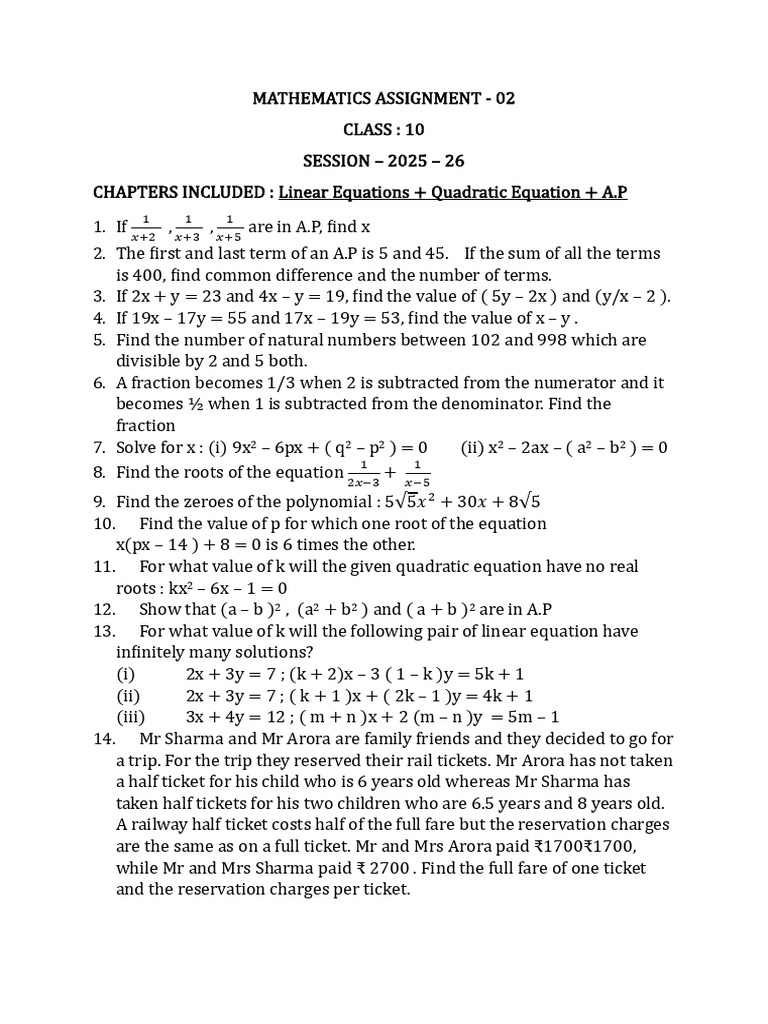 MATHEMATICS Class 10 Pyq - 02 | PDF | Equations | Zero Of A Function