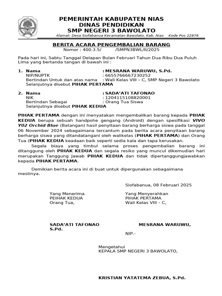 Berita Acara Pengembalian HP | PDF
