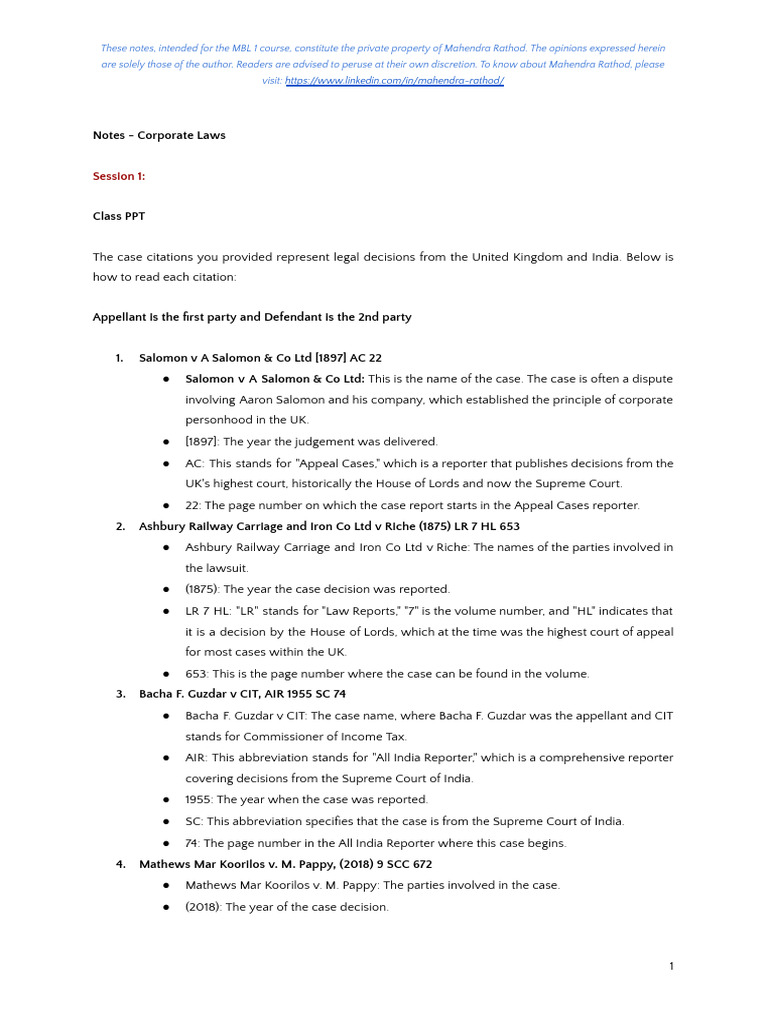 Corporate Law Notes for MBL 1 Course | PDF | Piercing The Corporate ...