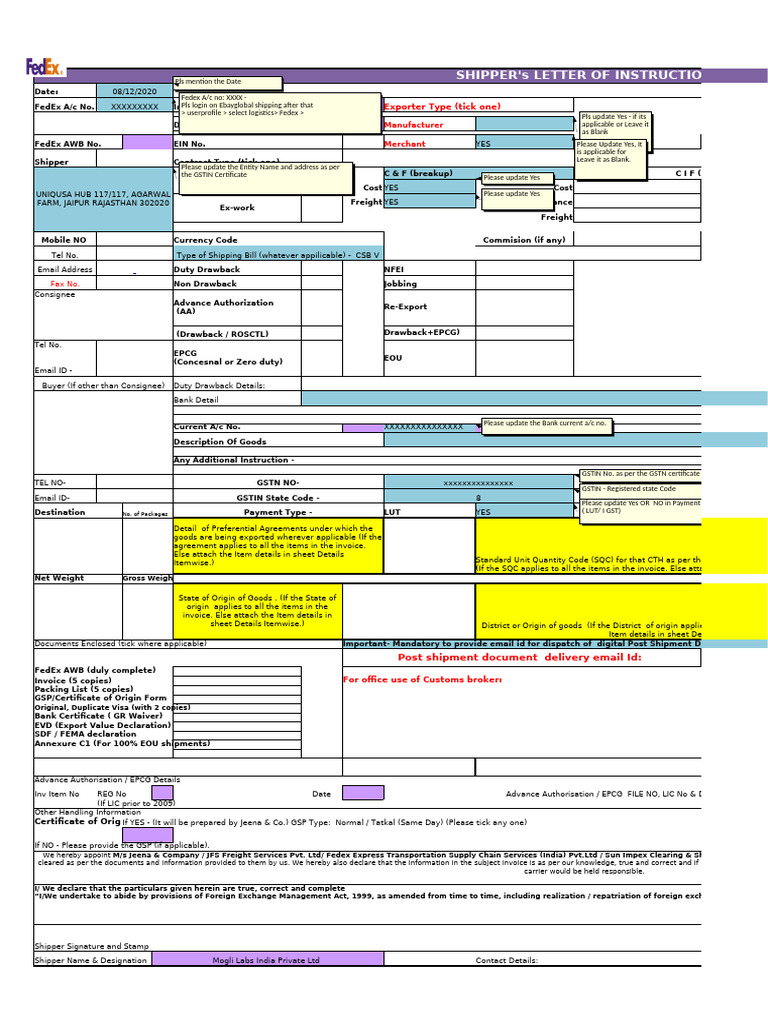 SLI Form Sample With Filled in Details | PDF | Freight Transport