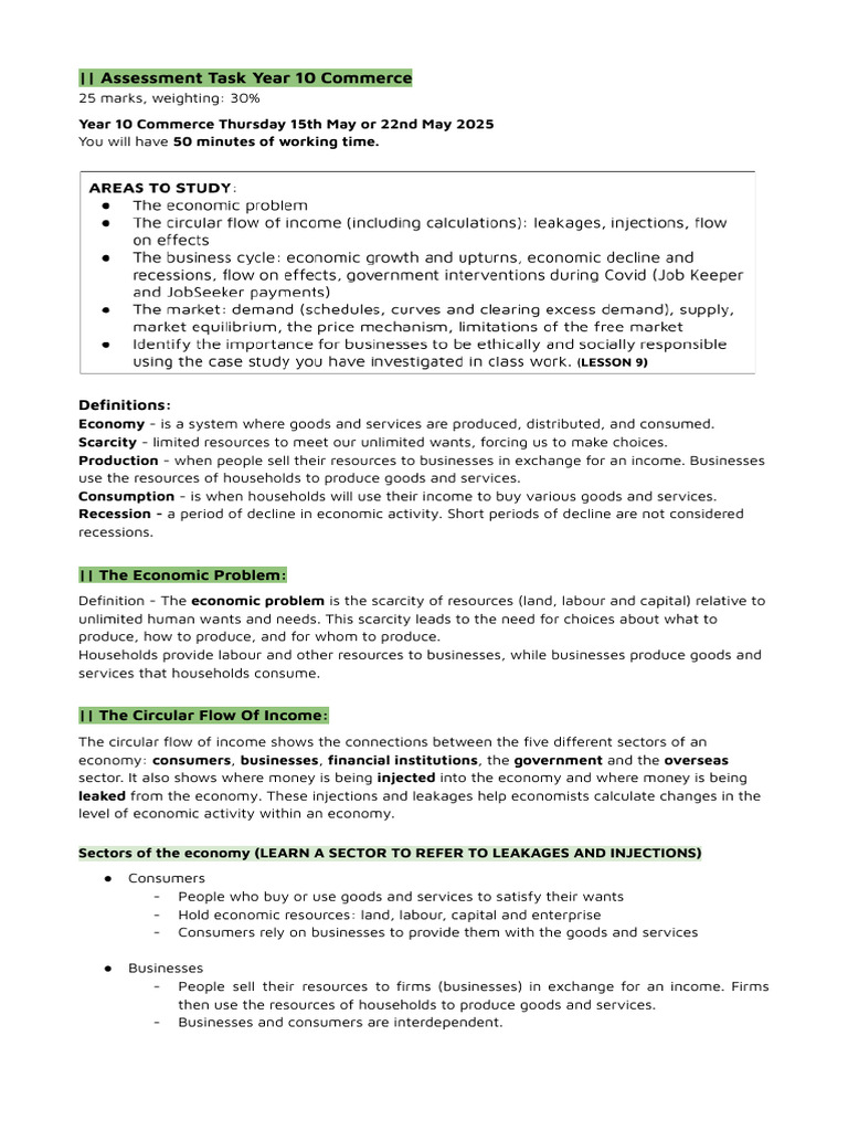 Assessment Task Year 10 Commerce | PDF | Recession | Supply And Demand