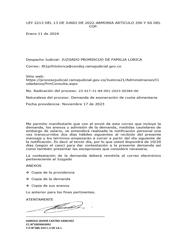 Formato Excelente de Notificacion Personal Ley 2213 Del 13 de Junio de 2022. Juzgado de Familia ...