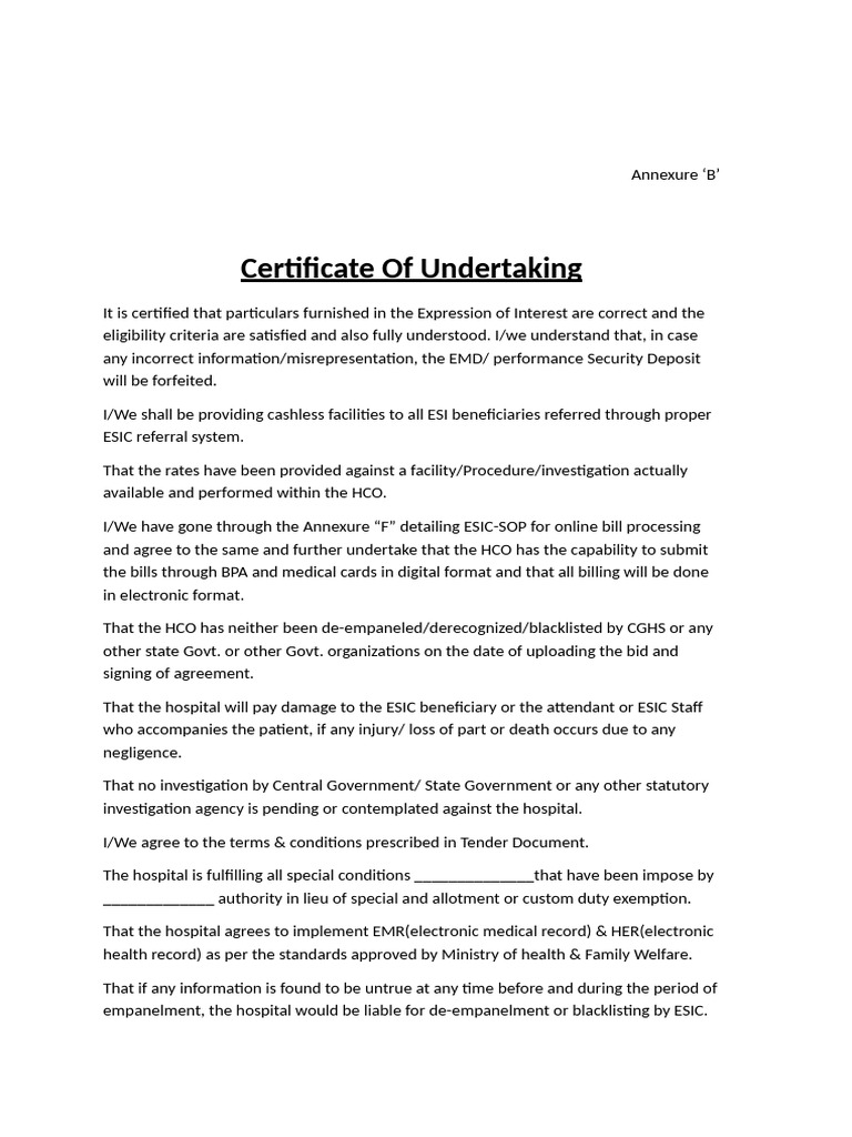 Certificate of Undertaking Annexure 'B' | PDF | Health Care