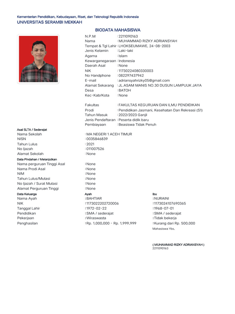 Biodata Mahasiswa Muhammad Rizky Adriansyah | PDF