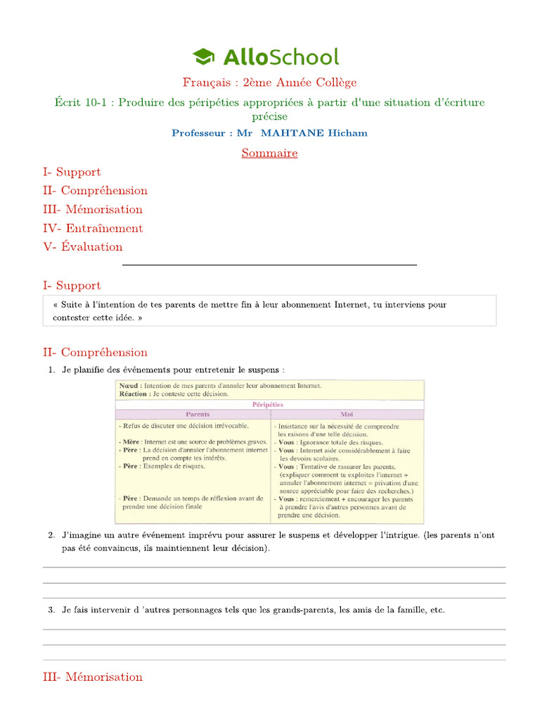 Ecrit 10 1 Produire Des Peripeties Appropriees A Partir D Une Situation ...