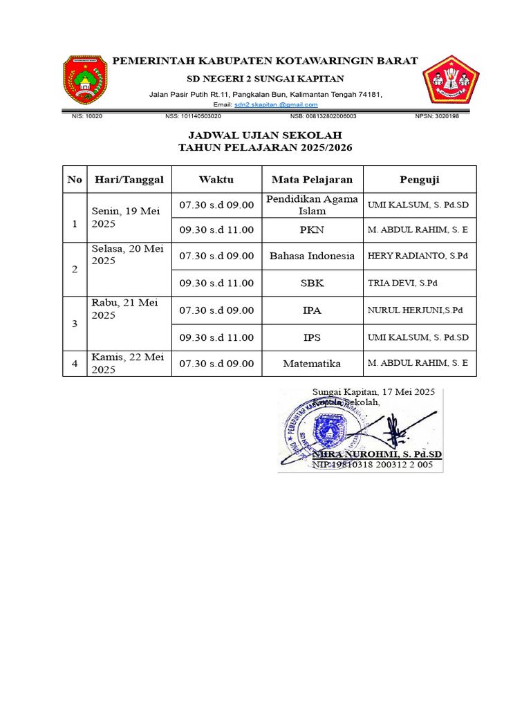 Jadwal Ujian Sekolah Kelas Iv 2025 | PDF