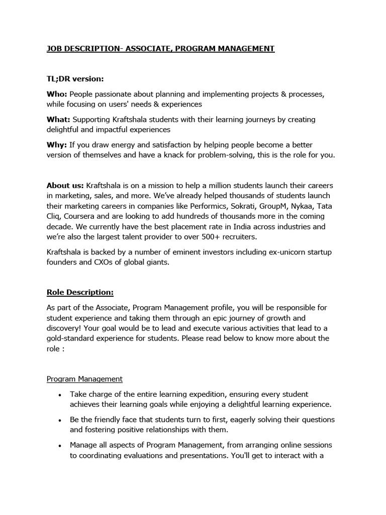 Associate Program Manager Role at Kraftshala | PDF | Cognition
