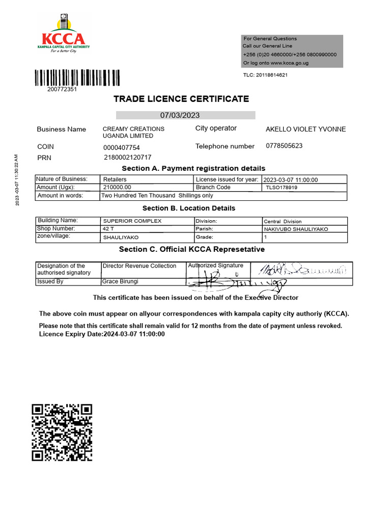 KCCA Trading License Certificate 2023 | PDF