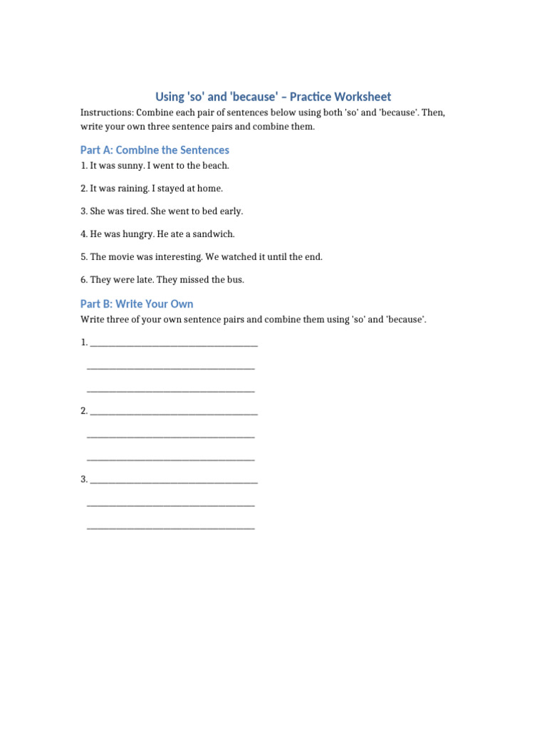Using So and Because Worksheet | PDF