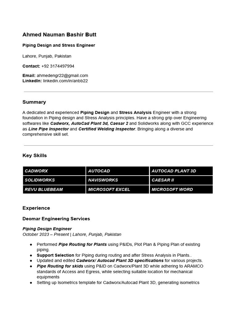 Ahmed Nauman Bashir Butt Resume Piping Engineeer (1)-1 | PDF | Pipe ...