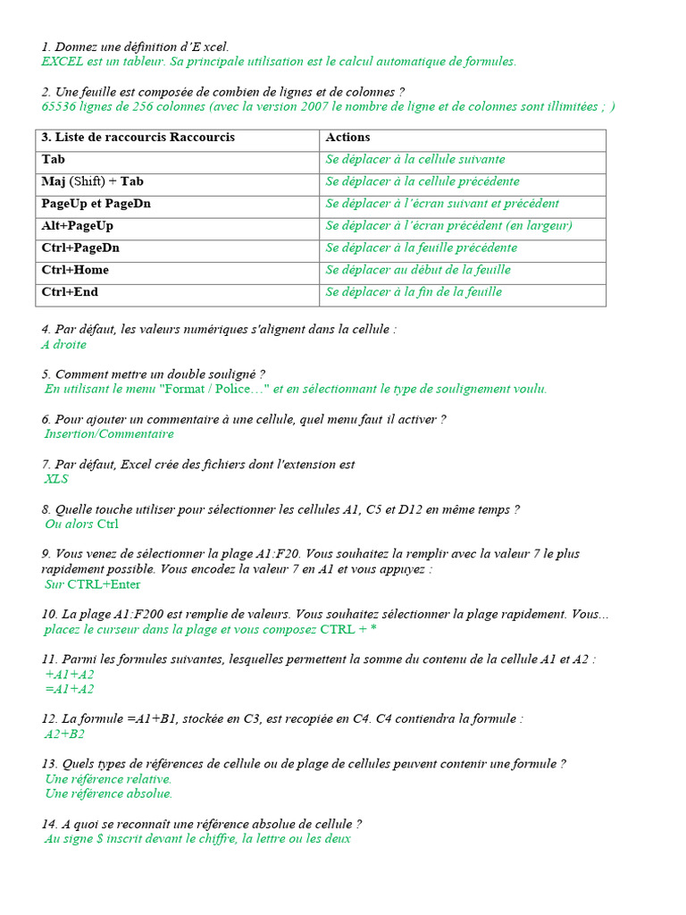 QCM Excel Niveau 1 avec Corrections | PDF | Microsoft Excel | Échecs