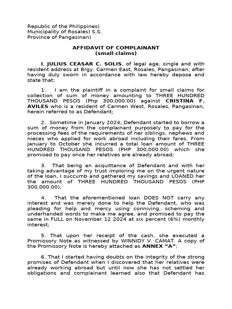 8 Affidavit of Complaint Small Claims | PDF | Common Law