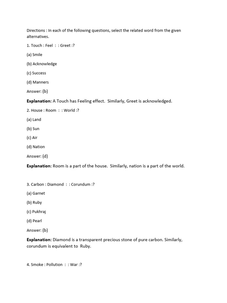 Analogy Completion Exercises | PDF | Jewellery | Trees