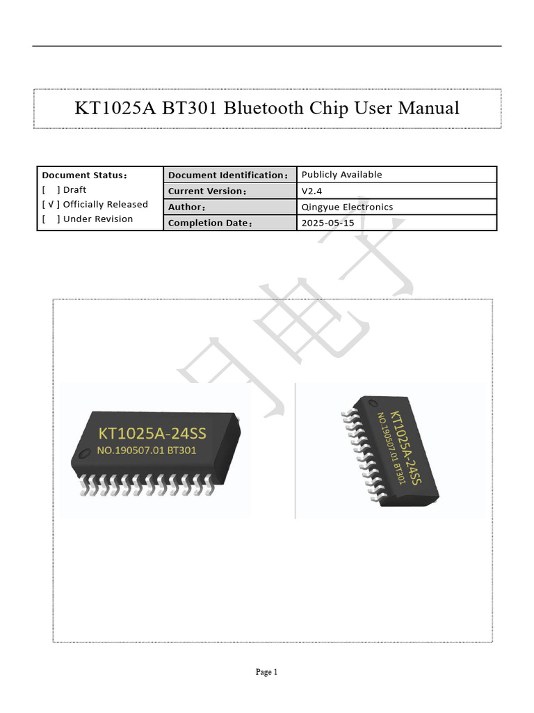 KT1025A BT301 Bluetooth Audio Chip - User Manual - V2.4 | PDF | Bluetooth | Computer File