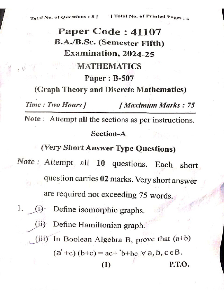 Graph Theory& Discrete Mathematics BSC 5th Sem 2024 Paper | PDF