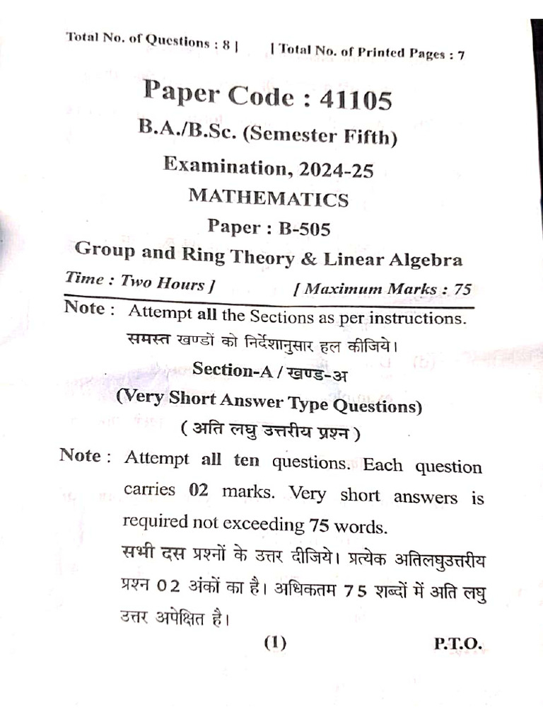 BSC 5th Sem Group & Ring Theory & Linear Algebra Paper 2024 | PDF