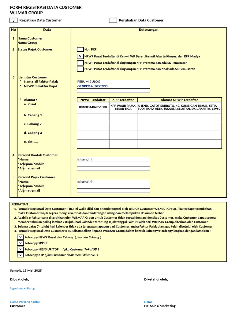 Wilmar FRC - Formulir Registrasi Data Customer - 2025 01 01 | PDF