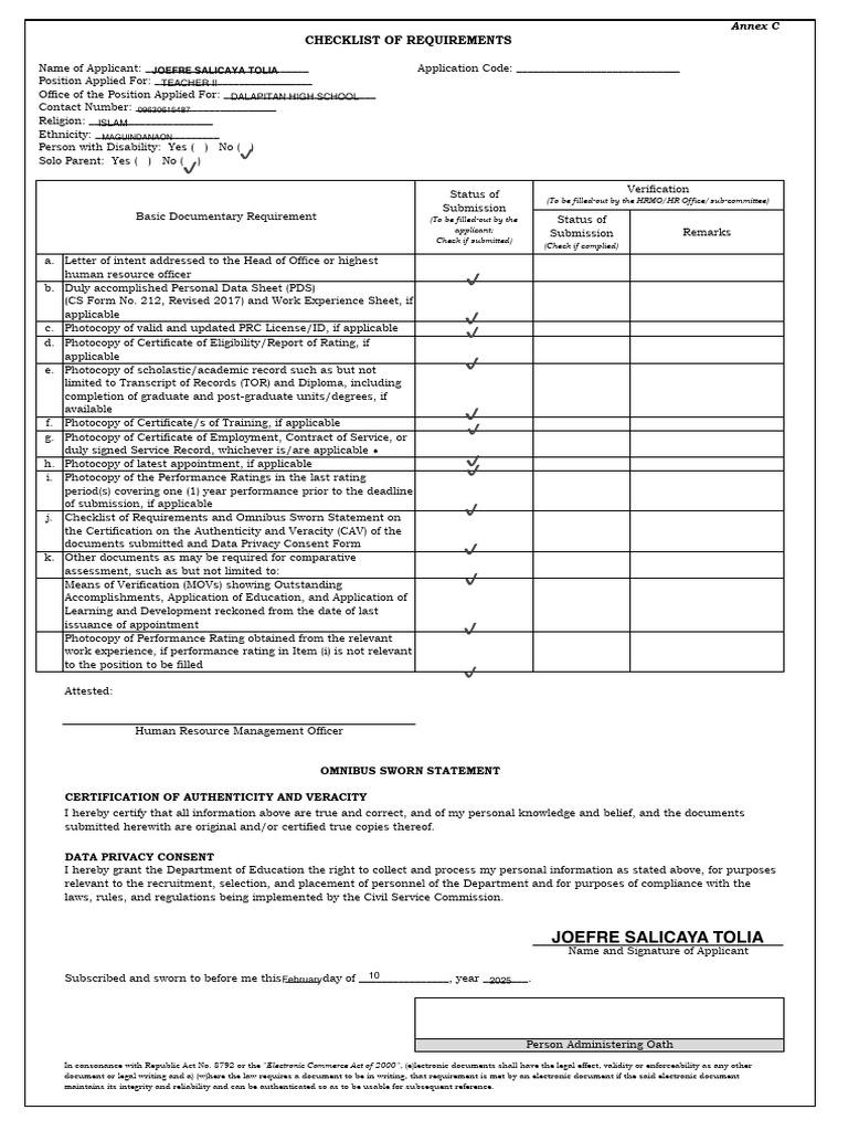 Annex C-Checklist of Requirements and Omnibus Sworn Statement | PDF