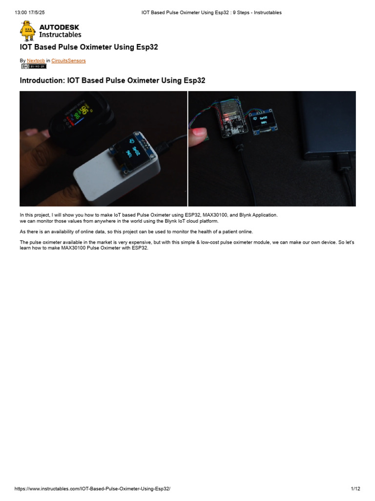 Iot Based Pulse Oximeter Using Esp32 9 Steps Instructables Pdf Internet Of Things