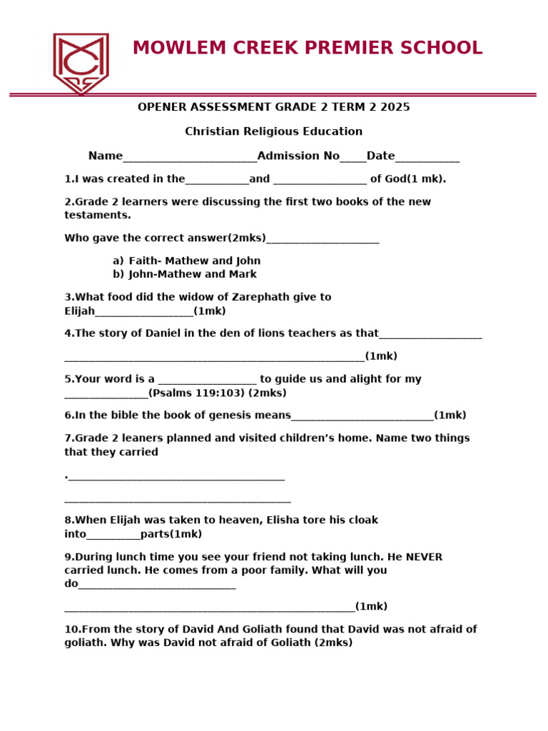 Mowlem Creek Primary School | PDF | Books Of The Hebrew Bible | Theology