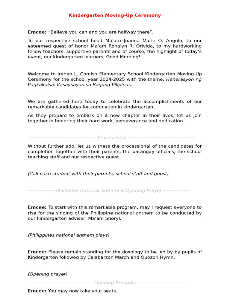 Emcee Script For Kinder Moving Up English | PDF