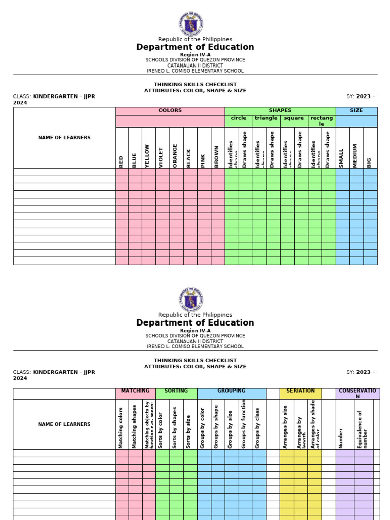 Kindergarten Thinking Skills Checklist | PDF | Shape | Color