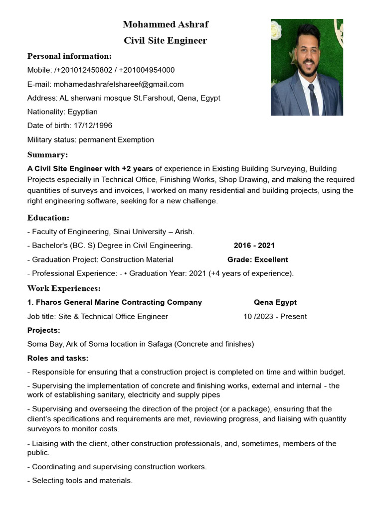 Civil Site Engineer Mohammed Ashraf CV | PDF | Specification (Technical ...