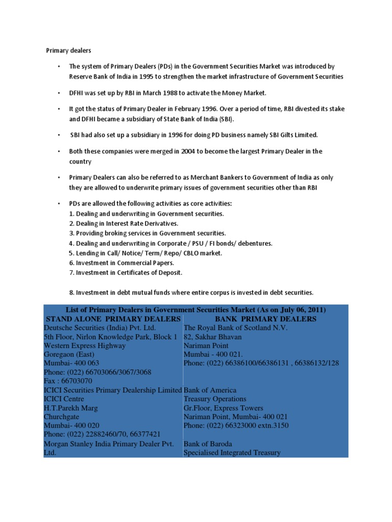 Primary Dealers | PDF | Securities (Finance) | Reserve Bank Of India