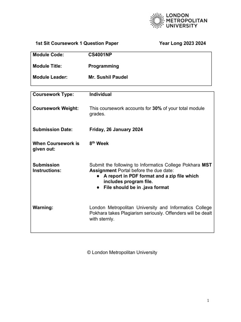 CS4001NPProgrammingY23AutumnMainSitCW1QP 83665 | PDF | Method (Computer Programming) | Class ...