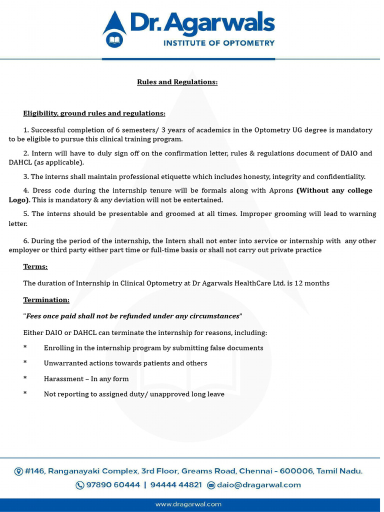 Rules - Regulation ( 1 Year) | PDF | Optometry | Internship