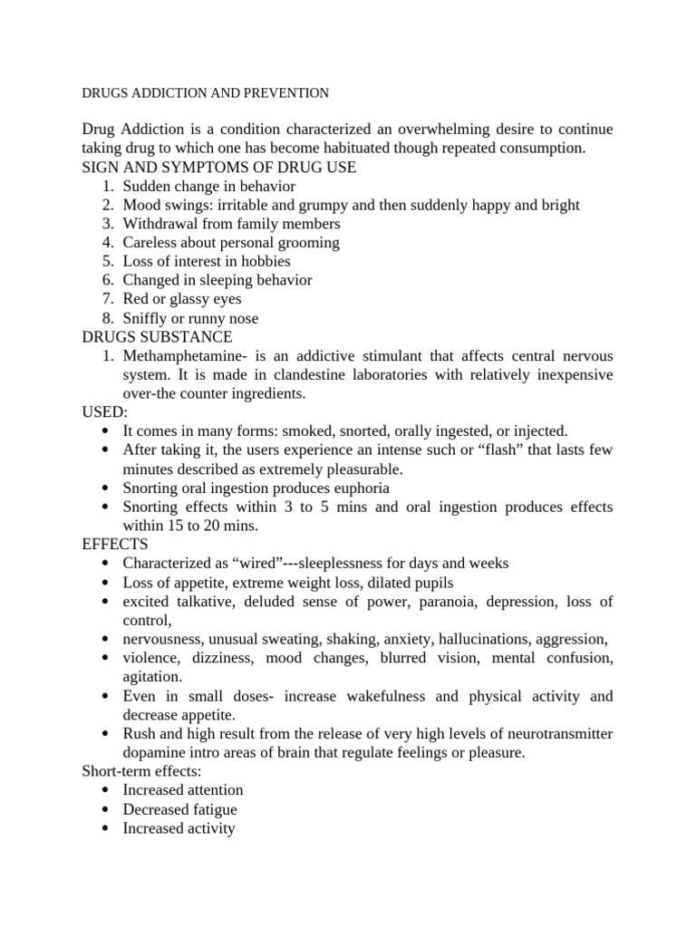 Drugs Addiction and Prevention | PDF | Methamphetamine | Psychosis